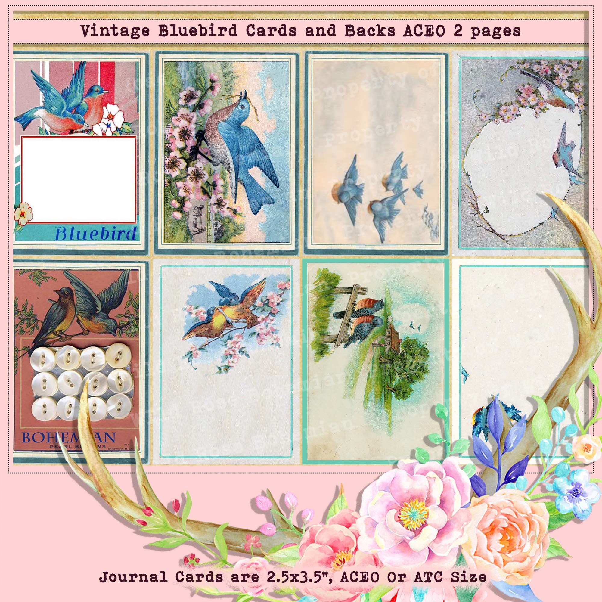 Vintage Ephemera Blue Bird of Happiness Printable Postcards Journal ...