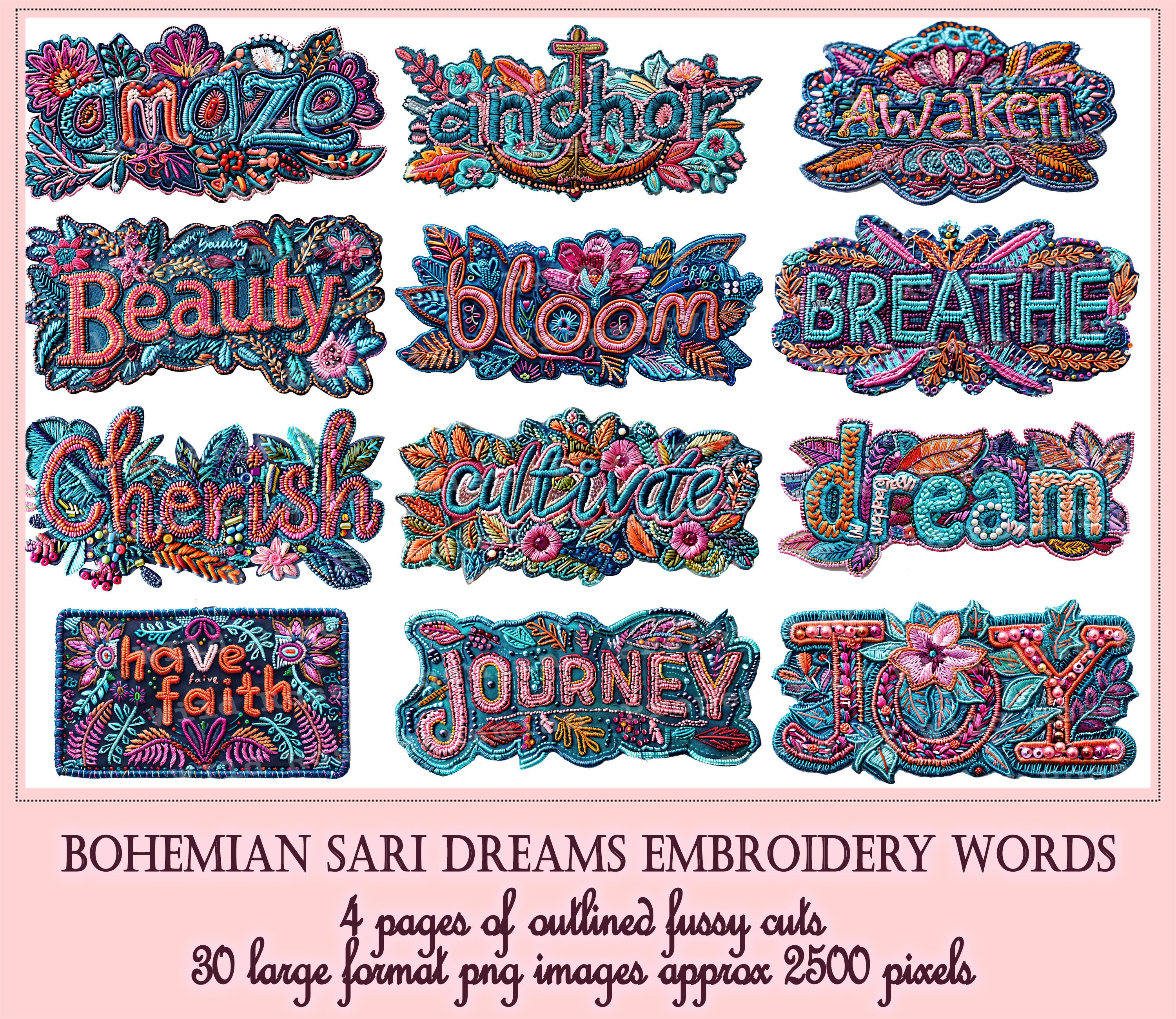 Embroidered Words Ephemera: Bohemian Junk Journal Collage (digital ...