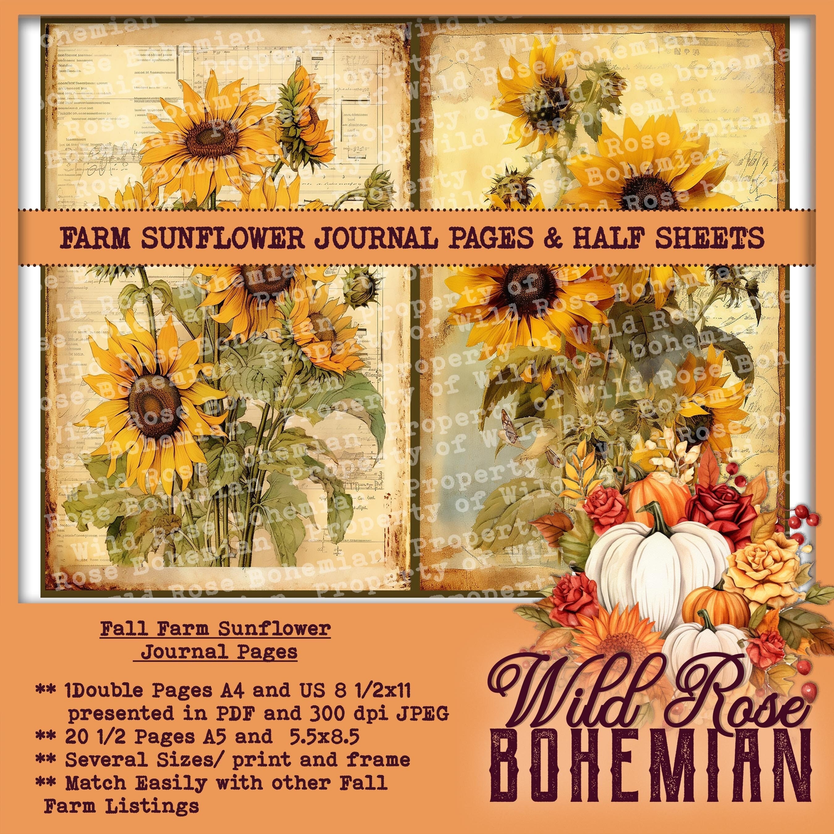 Sunflower Digital Paper, Fall Sunflower Journal Pages, Junk Journal ...