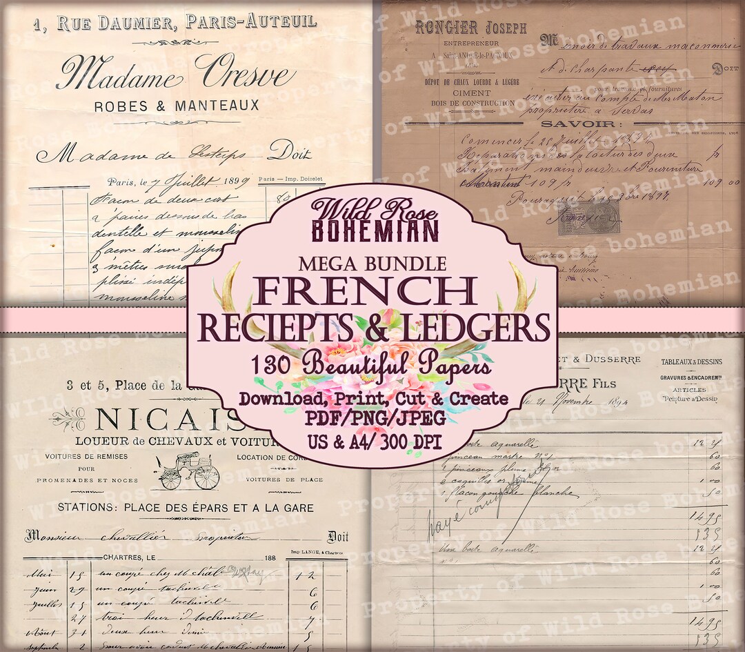 French Invoices Digital Printable, Printable French Ephemera, French ...