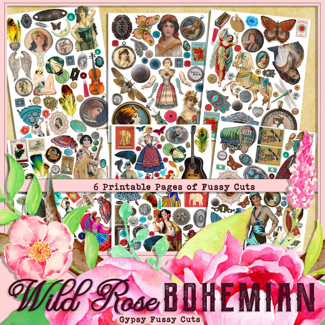 Vintage Bohemian Clipart, Gypsy Images, Romany Fussy Cuts Collage Sheet ...