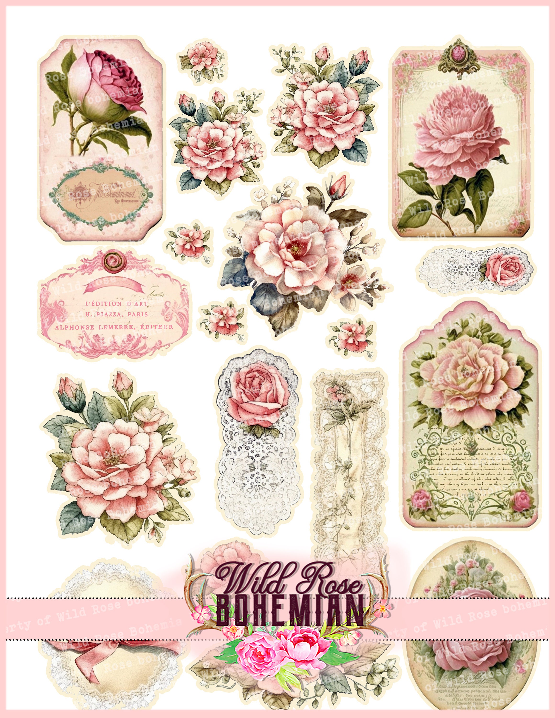 Junk Journal Ephemera Kit Vintage Roses, Printable Vintage Roses ...
