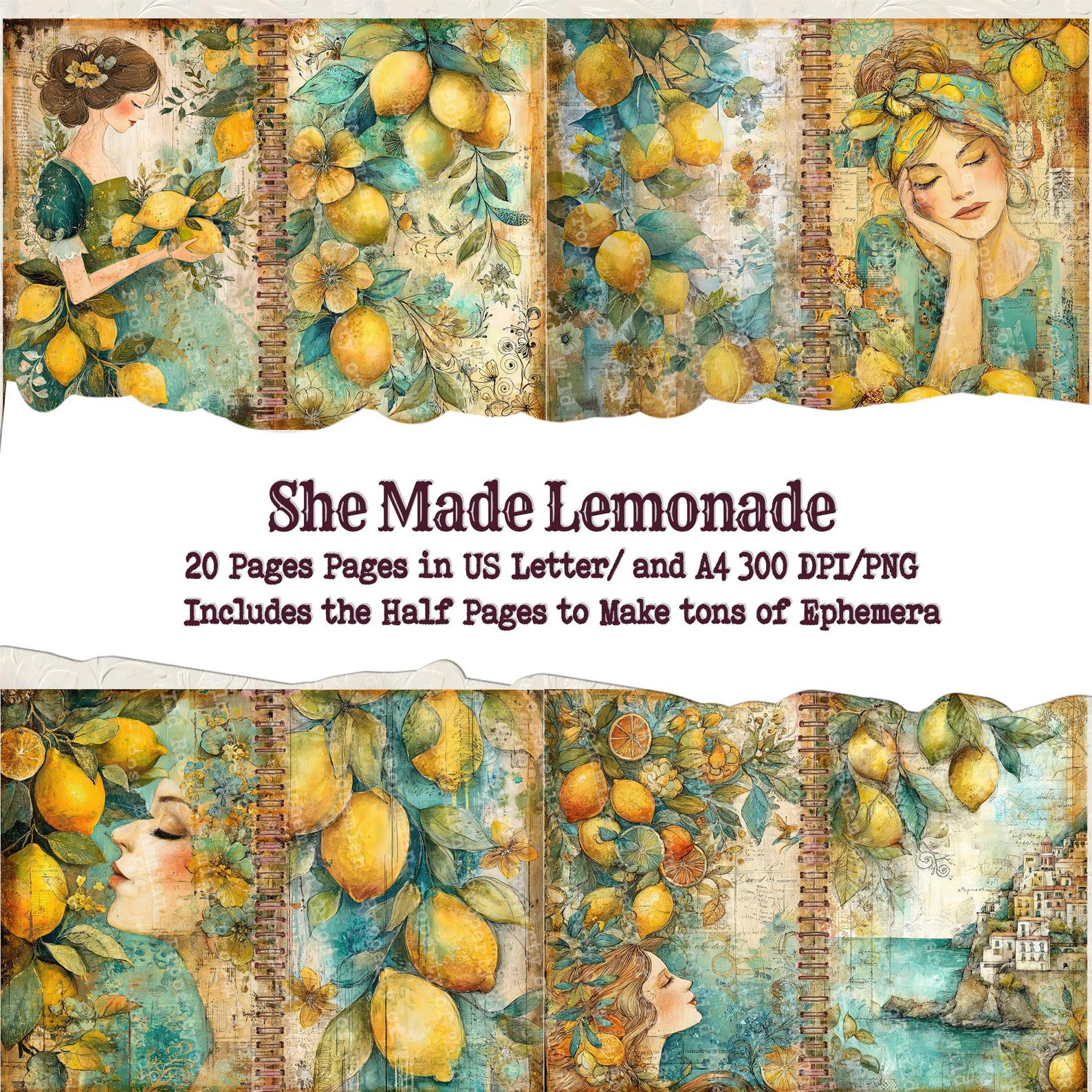 Whimiscal Mixed Media Lemon Junk Journal Paper | Printable Digital ...