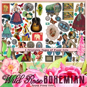 Vintage Bohemian Clipart, Gypsy Images, Romany Fussy Cuts Collage Sheet ...