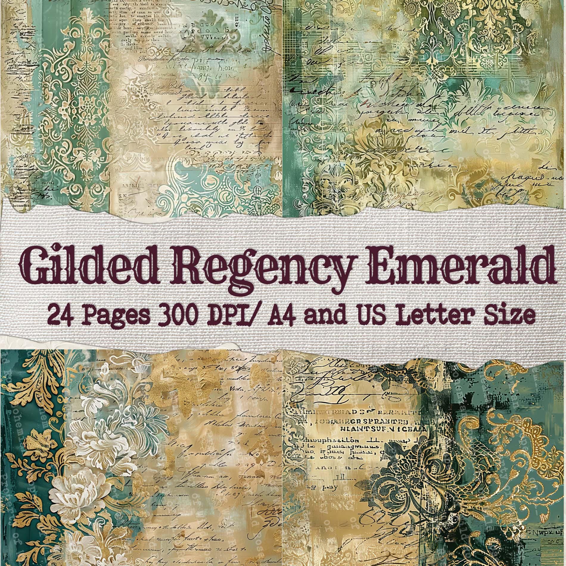 Baroque Floral Scrapbook Paper, Gilded Emerald Green Ornamental Regency ...