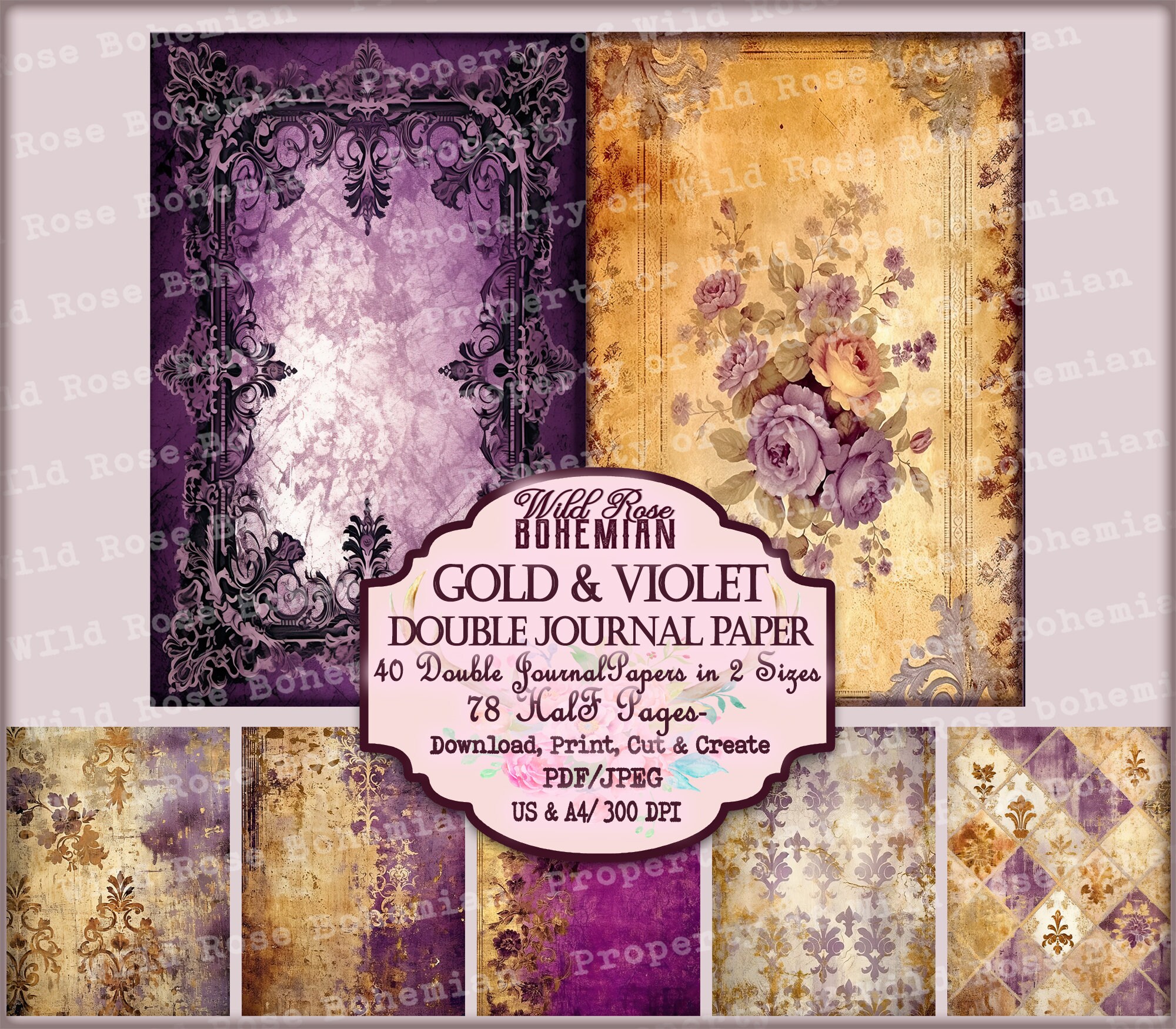 Purple and Gold Digital Printable Paper, Damask Violette and Gold ...