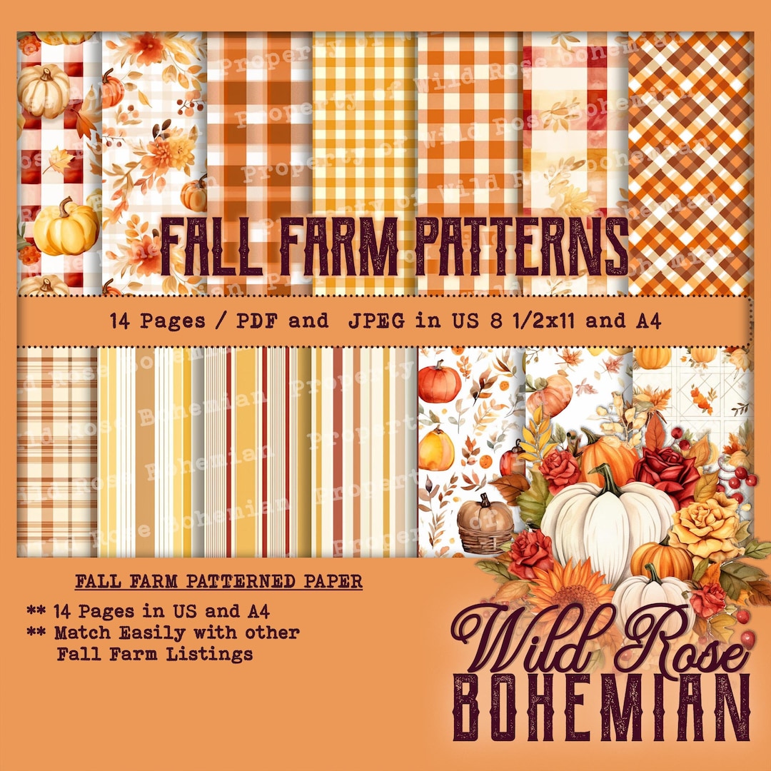 Gingham and Fall Farm Harvest Digital Paper, Fall Farm Harvest Pages ...