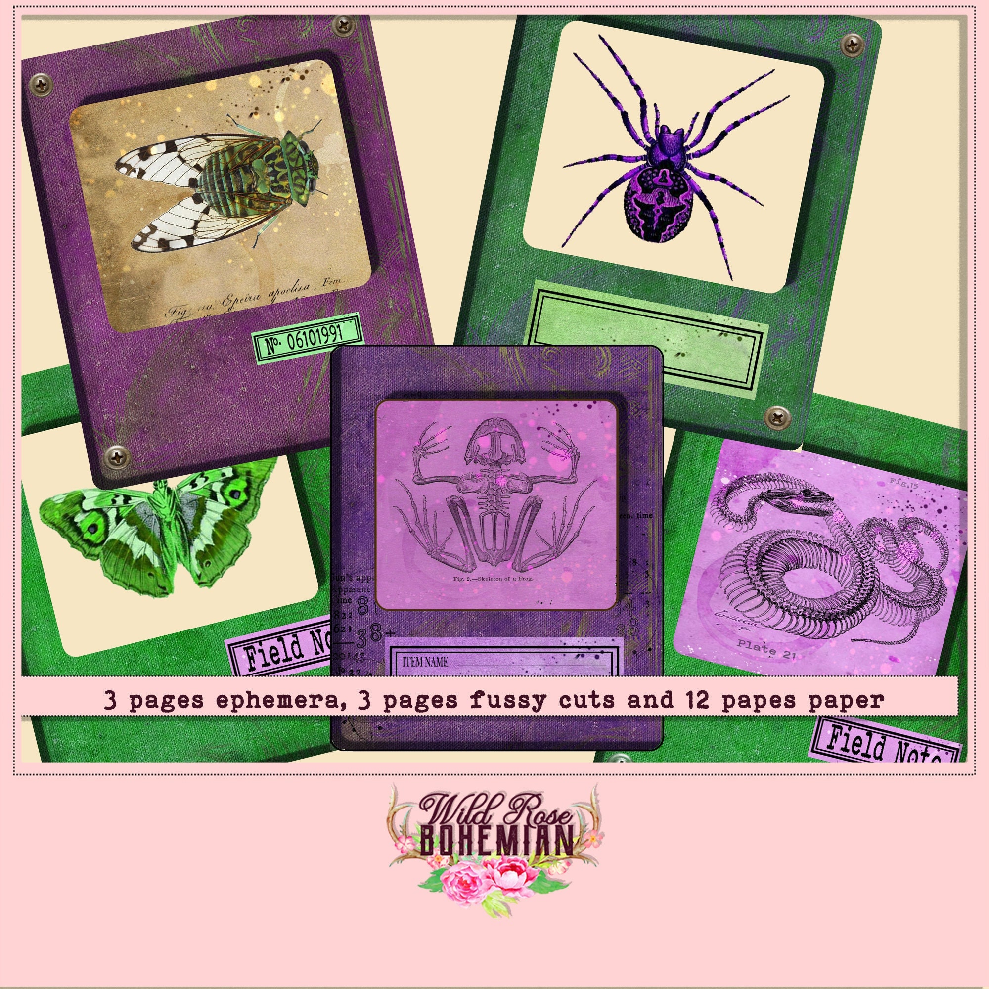 Junk Journal Kit Printable Field Notes in Green and Purple - Etsy