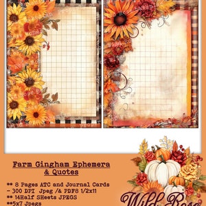 Farm Gingham Floral Paper and Ephemera, Farm Gingham Clipart, Autumn ...