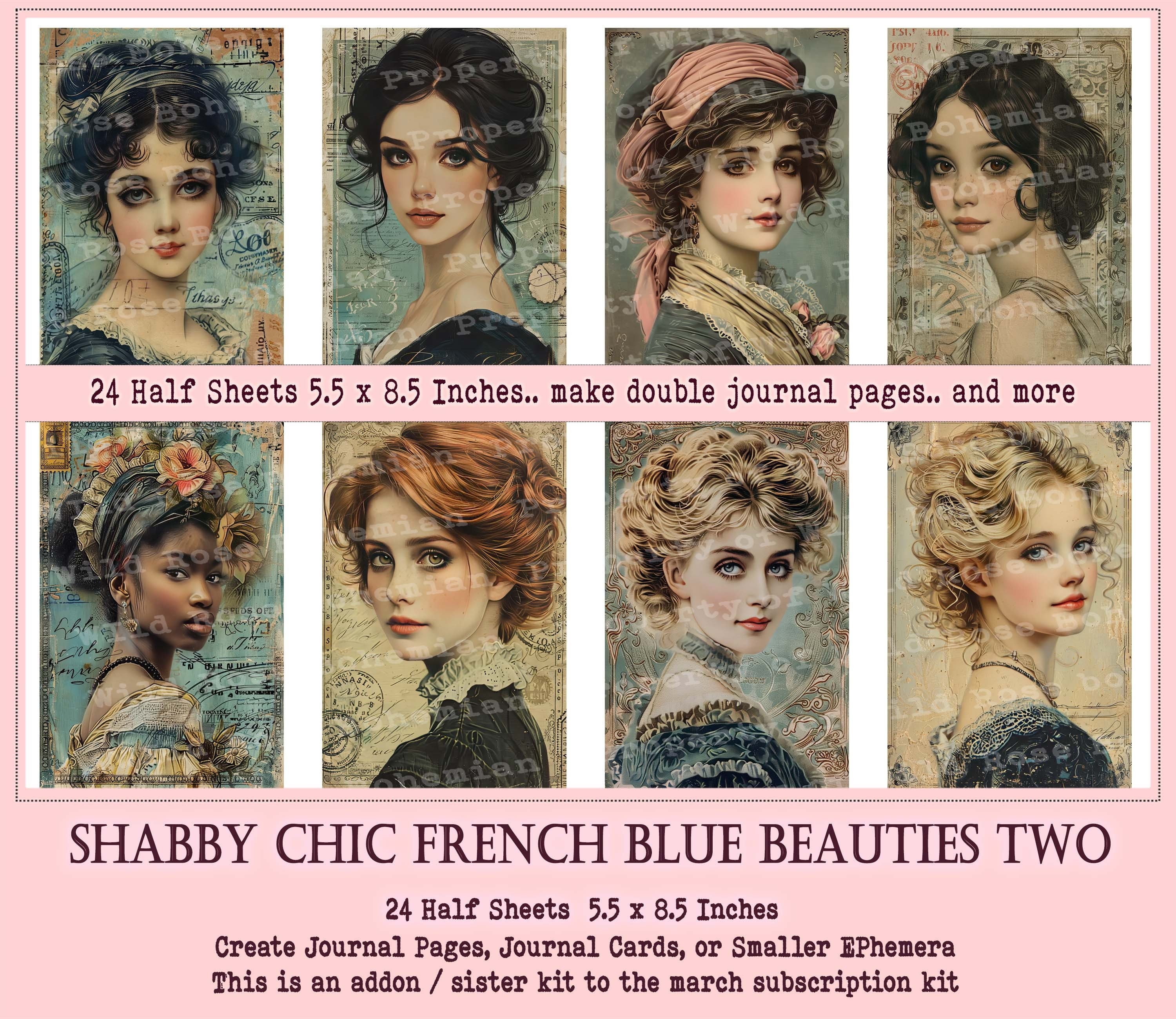 Beauties Printable Half Pages, Shabby Chic French Blue Women for Double ...