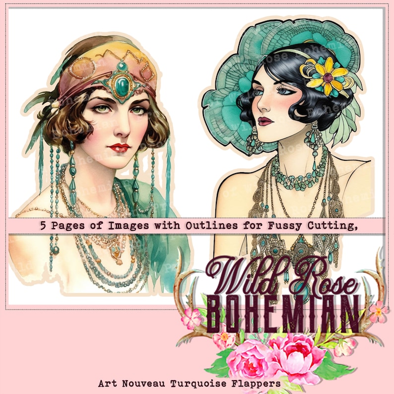 Art Nouveau Flappers Png, Art Nouveau Turquoise Fussy Cuts, Art Nouveau ...