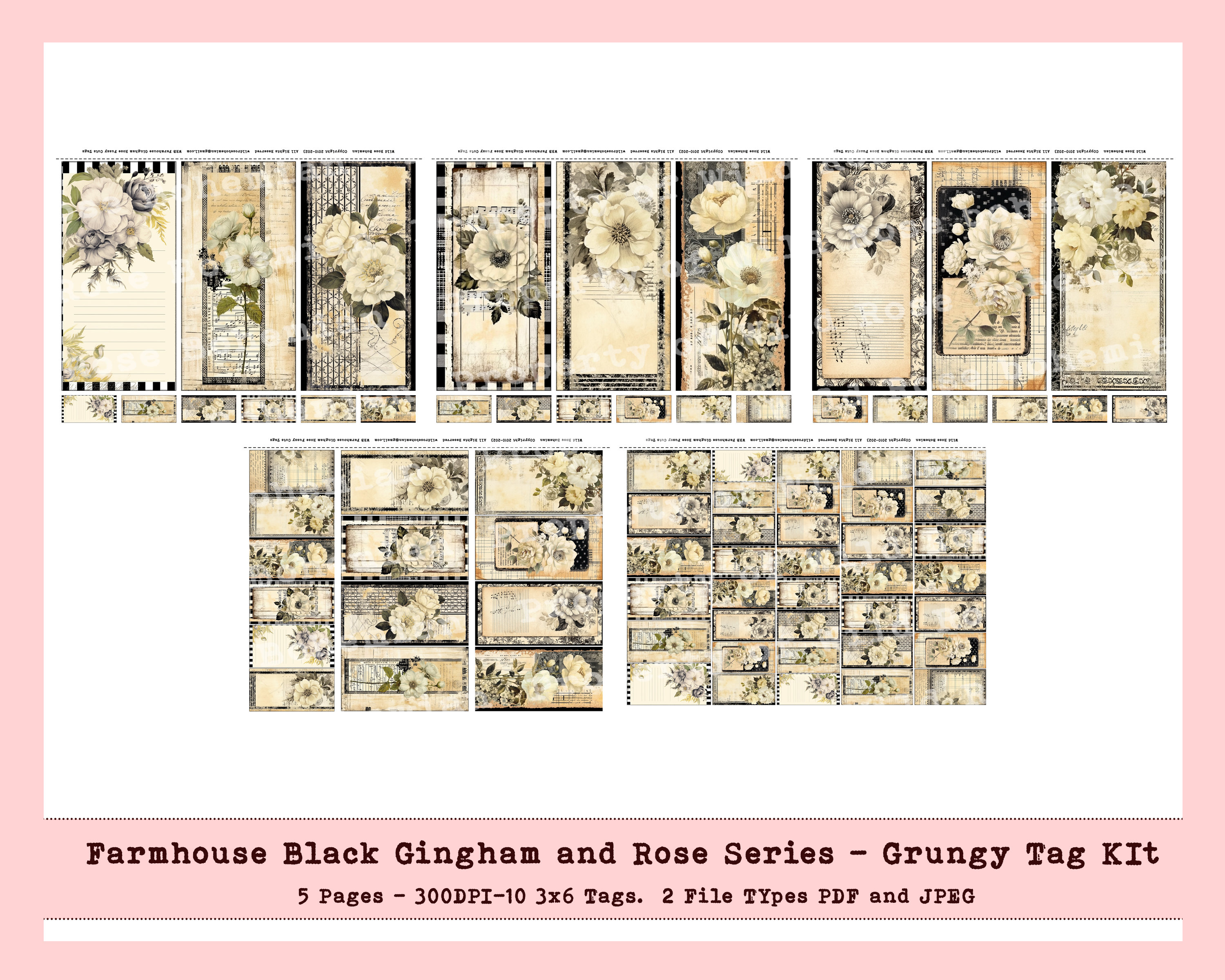 Farmhouse Black Gingham and Rose Hang Tags Cards, Farmhouse Printable ...