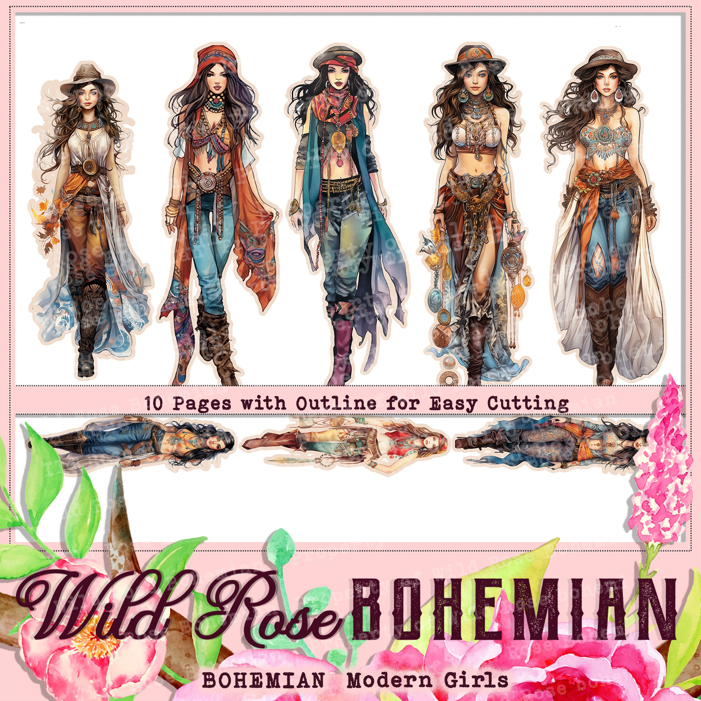 Boho Fussy Cut Stickers, Boho Girls Clipart, Bohemian Girls Collage ...