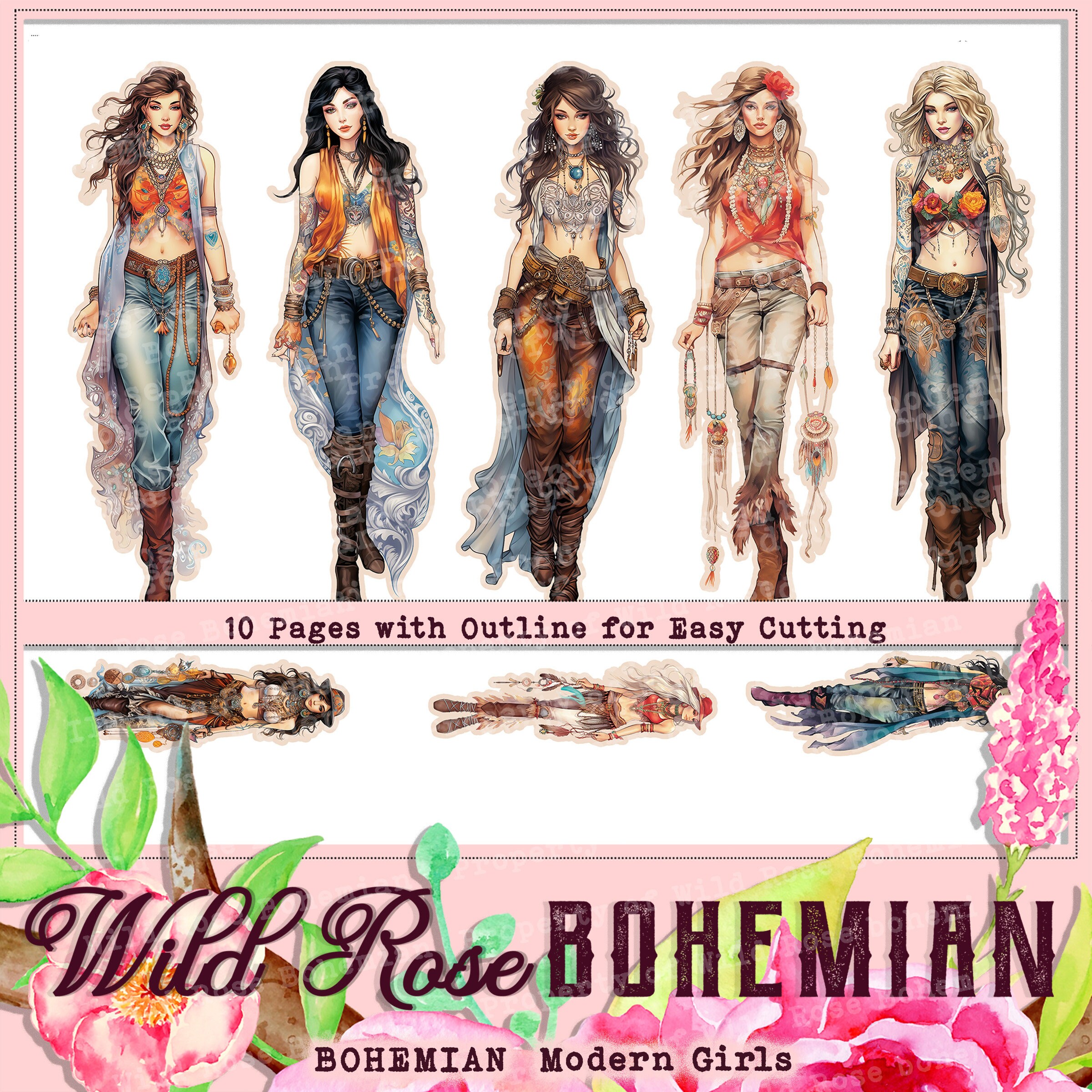 Boho Fussy Cut Stickers, Boho Girls Clipart, Bohemian Girls Collage ...