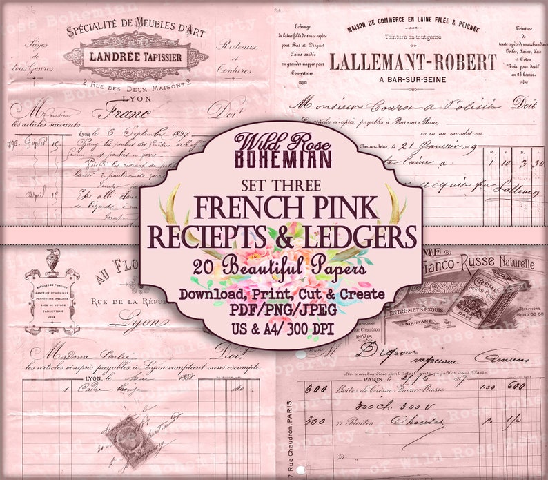 Pink French Receipt Ephemera: Vintage Printable Paper (PDF) - Etsy
