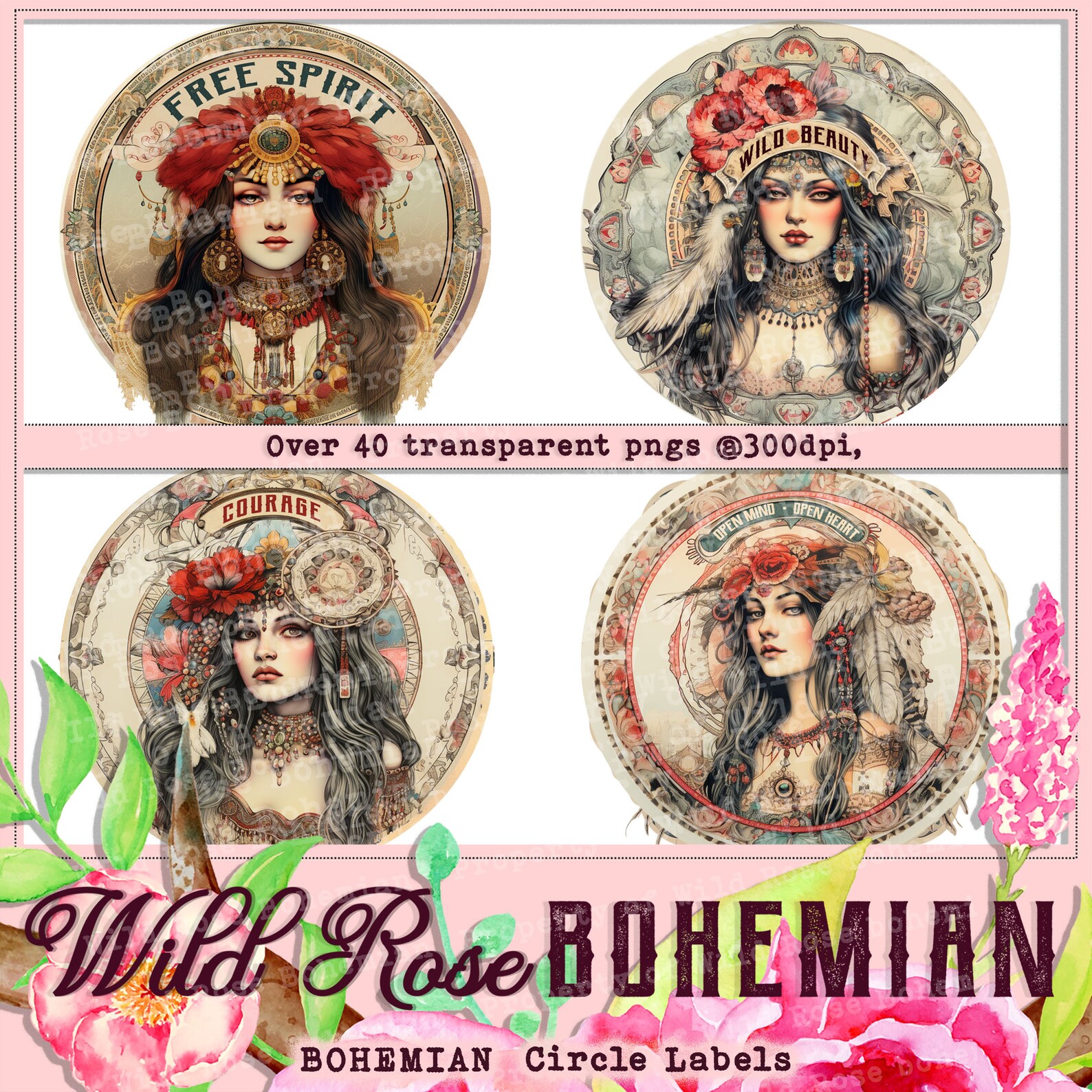 Bohemian Circle Labels, Vintage Labels Boho Girls, Round Labels, Round ...