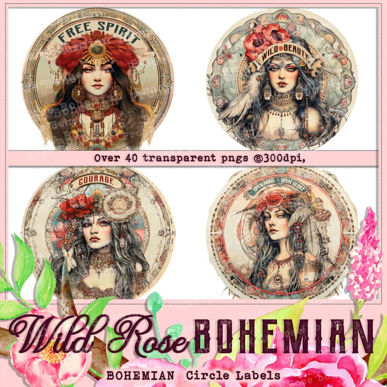 Bohemian Circle Labels, Vintage Labels Boho Girls, Round Labels, Round ...