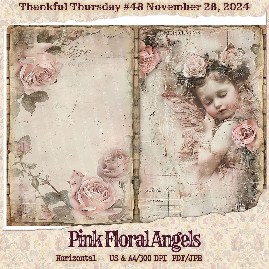 Pink Floral Angels Printable Paper: Shabby Chic Scrapbooking (digital ...