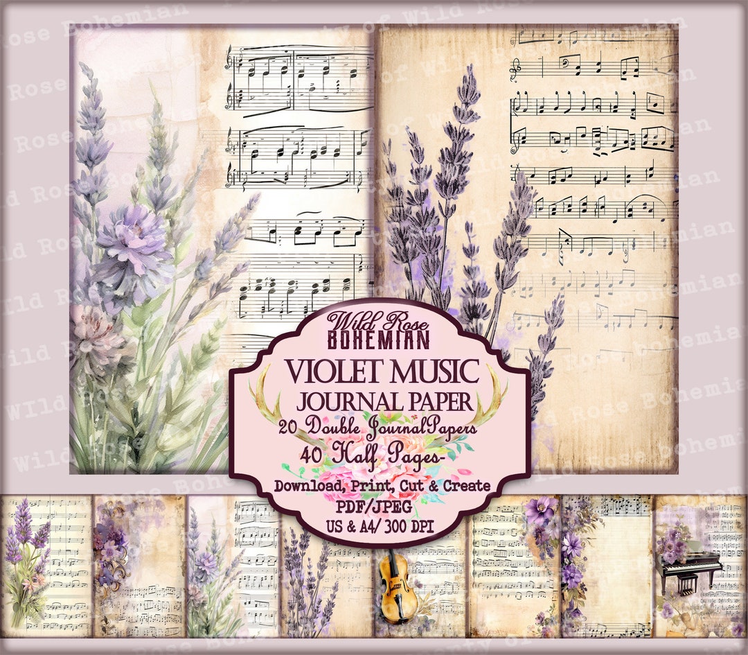 Purple Music Paper, Grungy Lavender Music Sheet Double Junk Journal ...