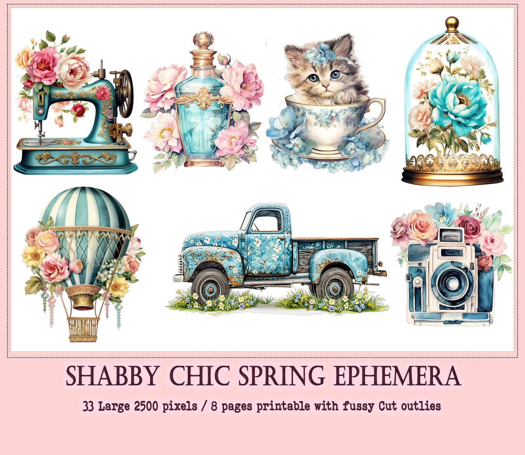 Shabby Chic Spring Clipart: Vintage Ephemera, Printable Stickers (PNG ...