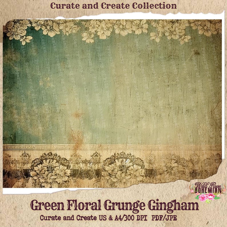 Green Floral Grunge Gingham Journal Paper, Green Check Scrapbookpaper ...