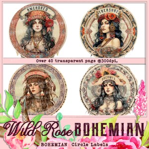 Bohemian Circle Labels, Vintage Labels Boho Girls, Round Labels, Round ...