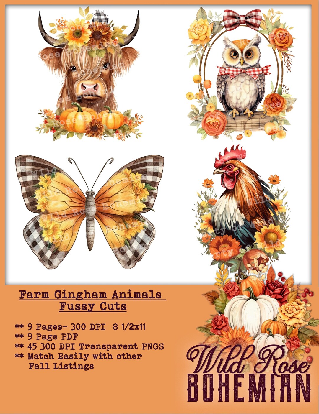 Fall Farm Animal Clipart: Gingham PNG Graphics (digital Download) - Etsy