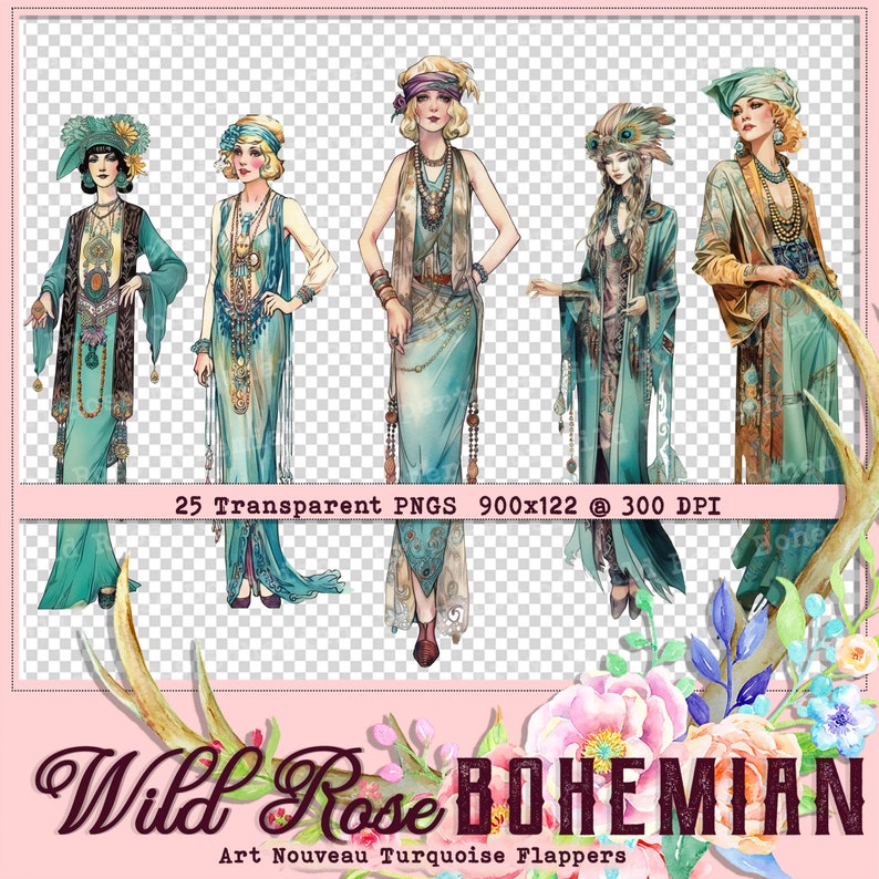 Art Nouveau Flappers Png Art Nouveau Turquoise Fussy Cuts - Etsy