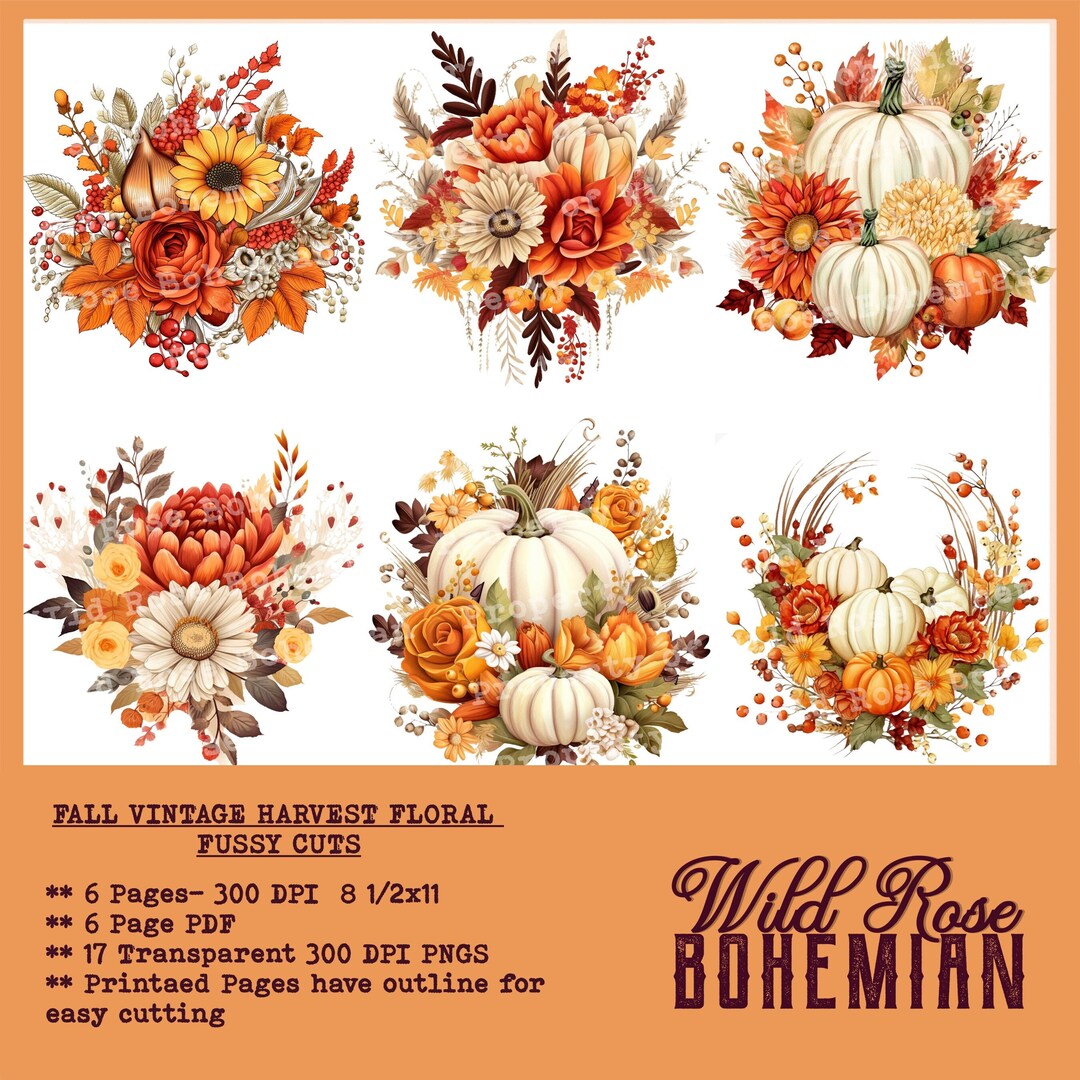 Vintage Fall Harvest Floral Transparent PNGS, Floral Dividers, Harvest ...