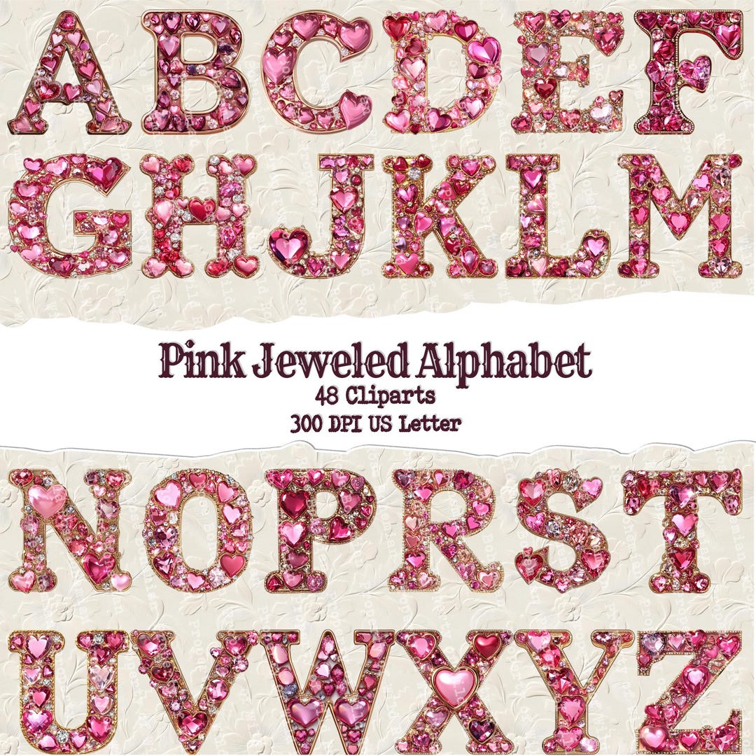 Pink Jeweled Heart Alphabet: Sublimation PNG Font (digital Download ...