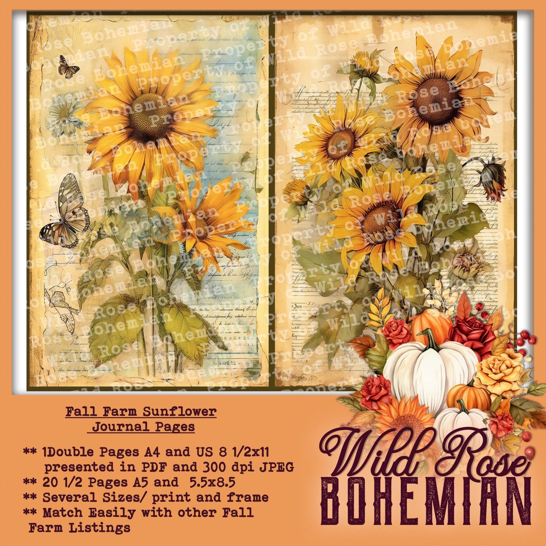 Sunflower Digital Paper, Fall Sunflower Journal Pages, Junk Journal ...