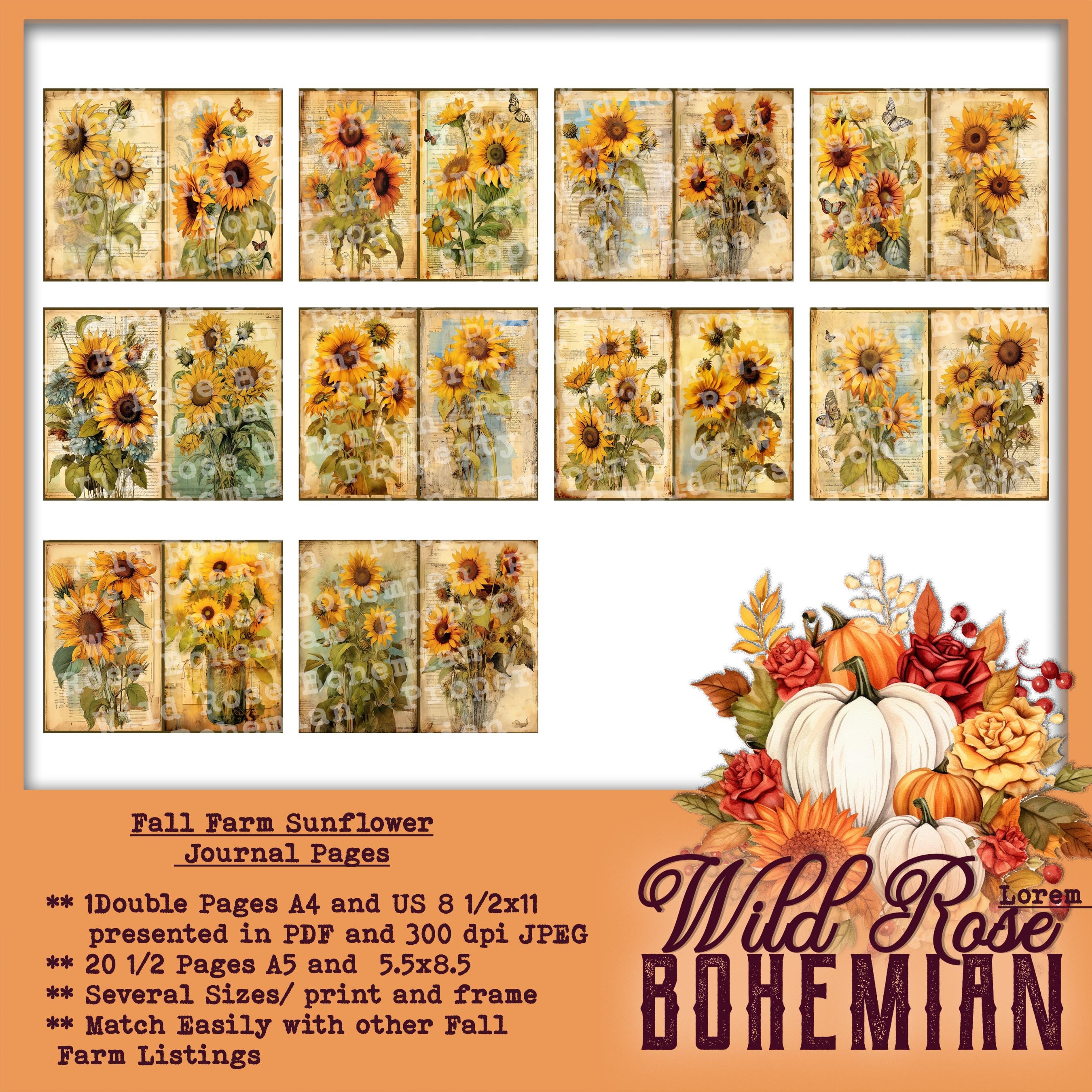 Sunflower Digital Paper Fall Sunflower Journal Pages Junk - Etsy