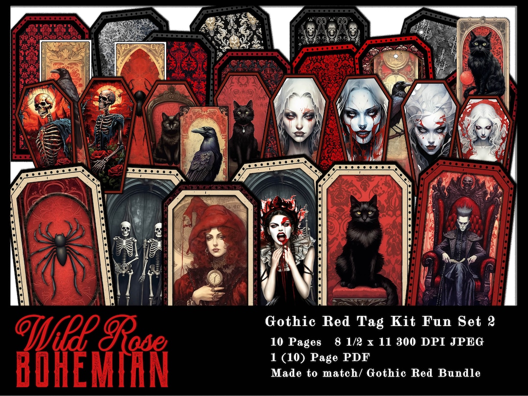 Halloween Gothic Hang Tag Kit, Classic, Gothic Ephemera, Black and Red ...