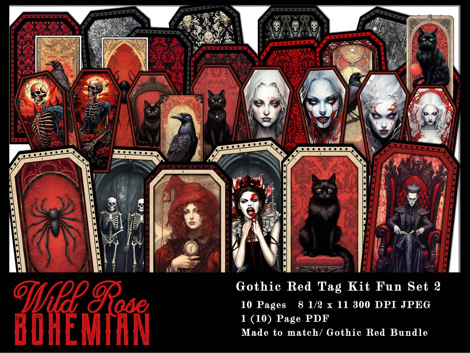Halloween Gothic Hang Tag Kit, Classic, Gothic Ephemera, Black and Red ...