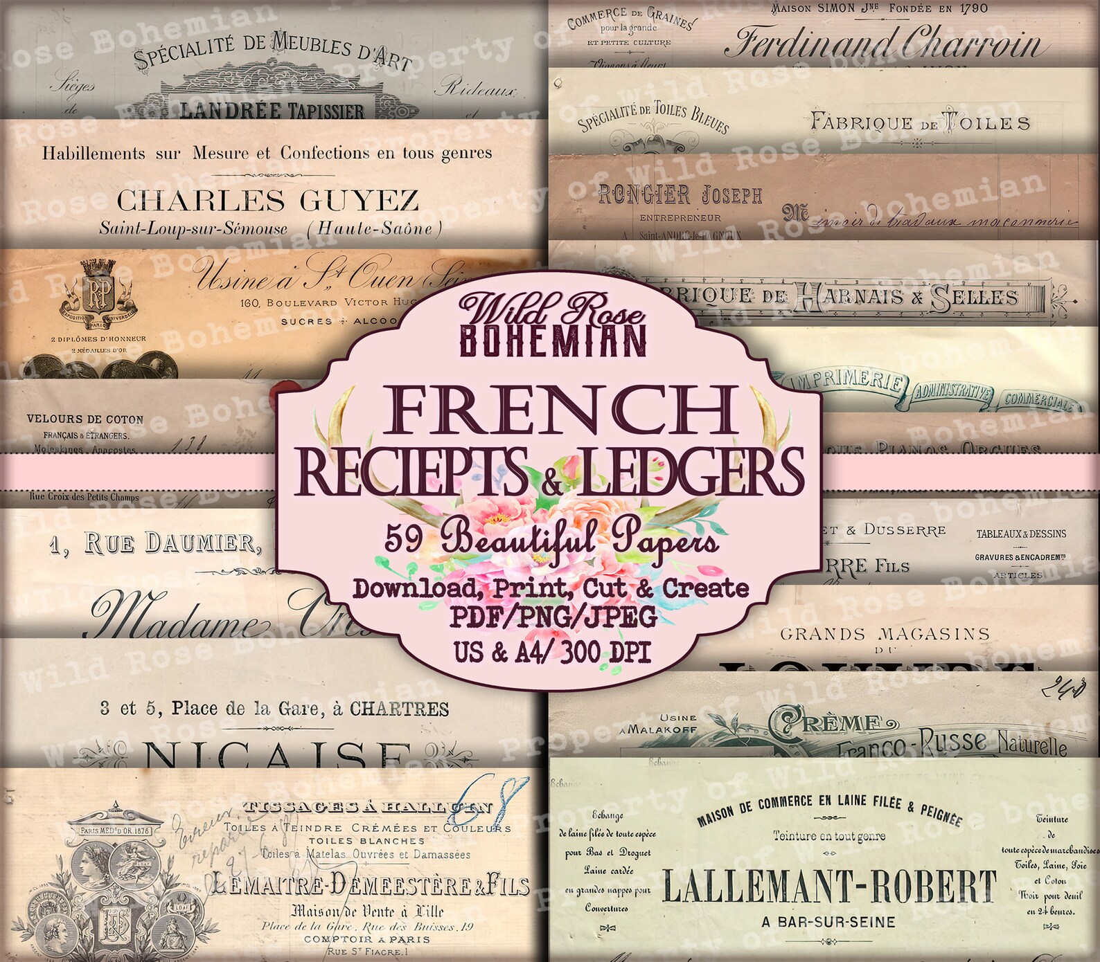 French Invoices Digital Printable, Printable French Ephemera, French ...