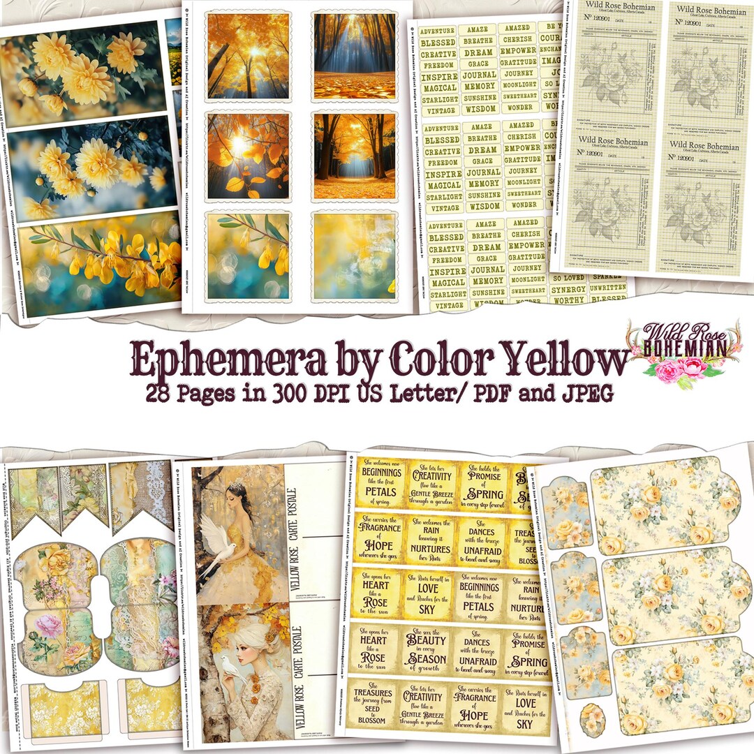 Yellow Ephemera Kit, Yellow Sentiments, Yellow Photos, Yellow Postcards ...