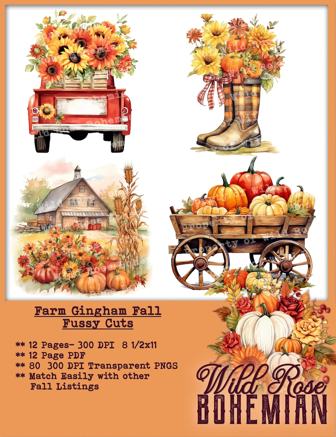 Fall Farm Gingham Clipart: Autumn Pngs for Scrapbooking (digital ...