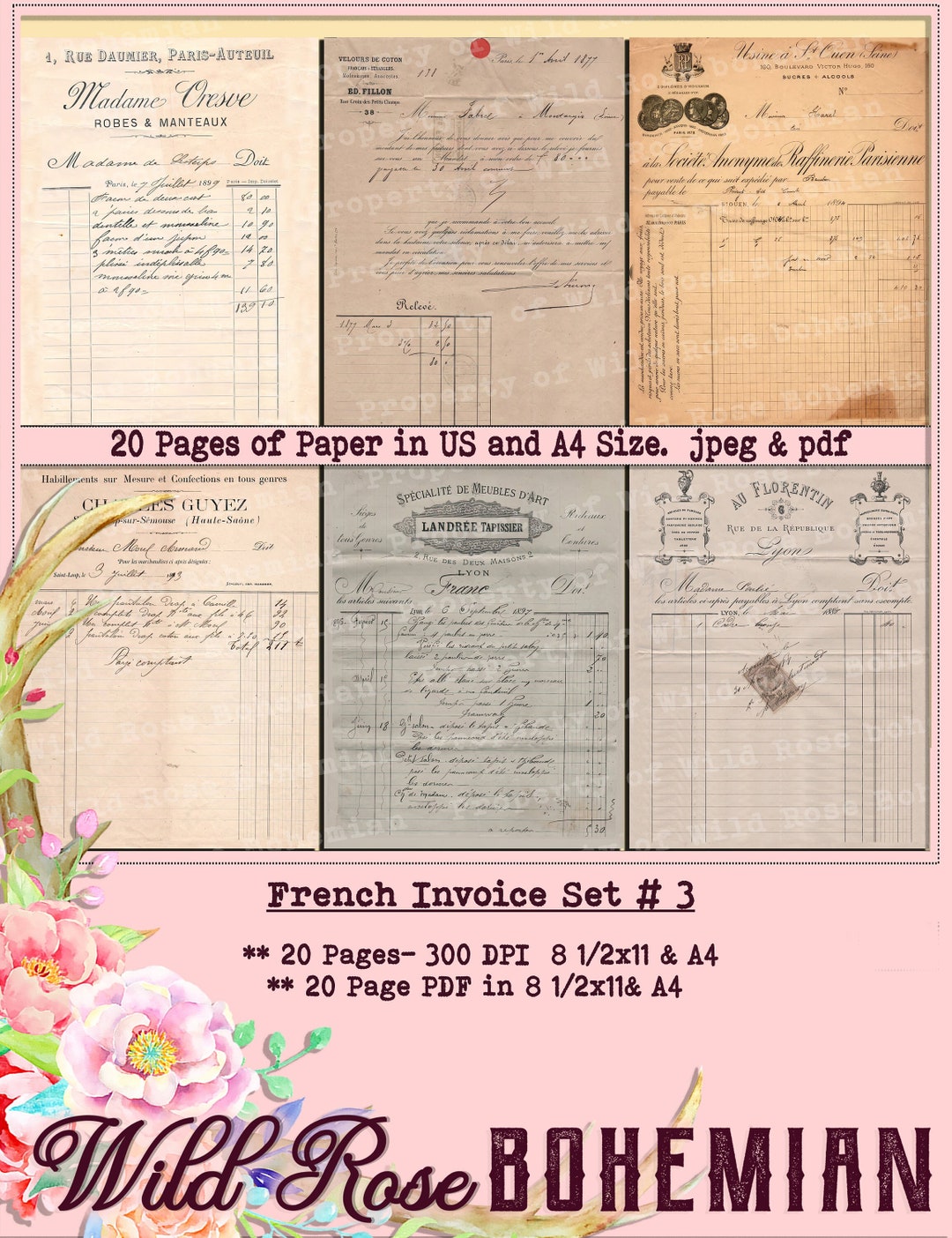 French Invoices Digital Printable, Printable French Ephemera, French ...