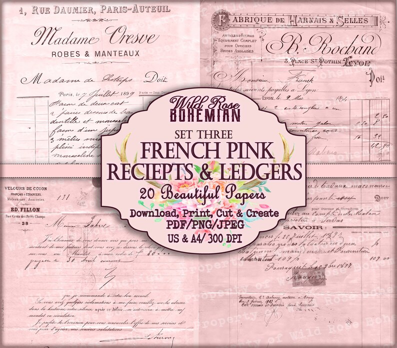 Pink French Receipt Ephemera: Vintage Printable Paper (PDF) - Etsy