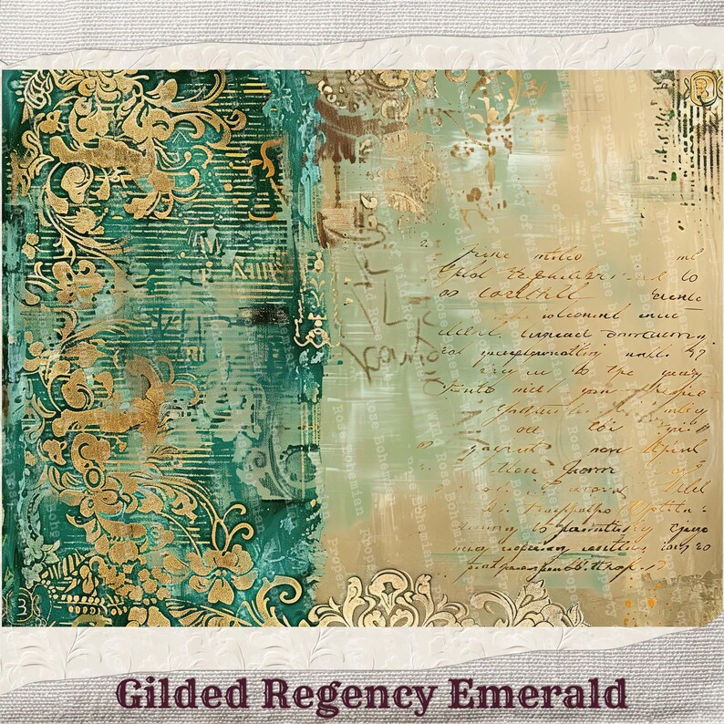 Baroque Floral Scrapbook Paper, Gilded Emerald Green Ornamental Regency ...