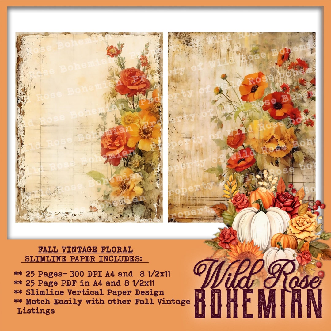 Vintage Fall Floral Slimline Paper, Fall Floral Antique Digital ...