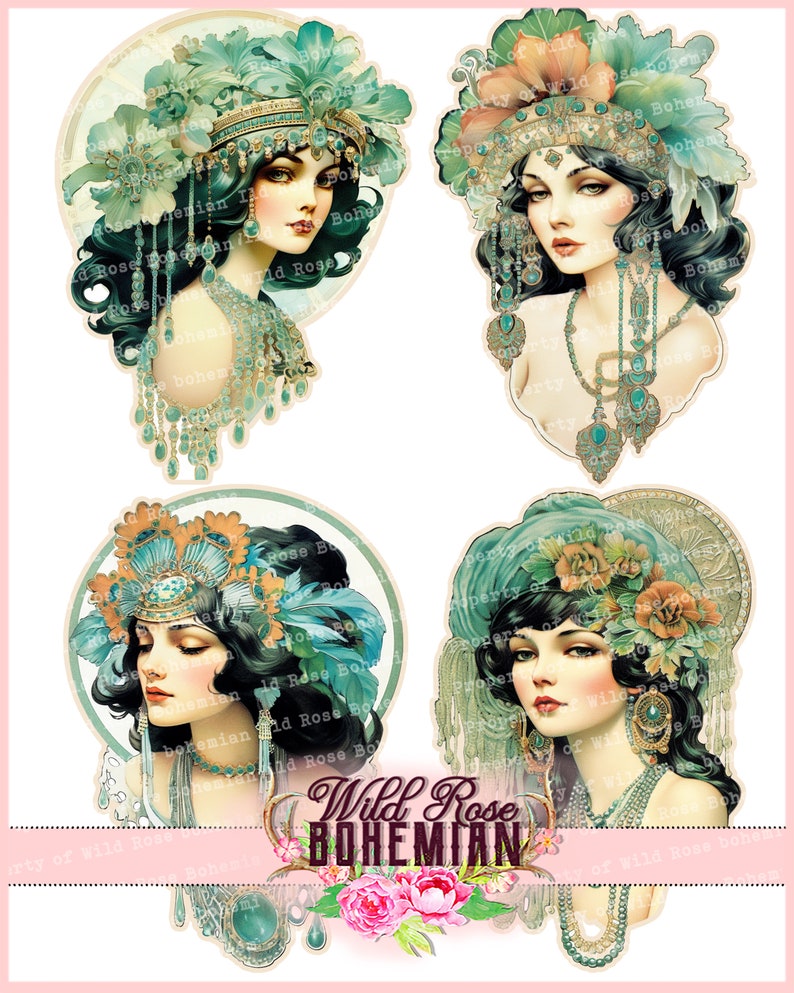 Roaring Twenties Clipart, Vintage Art Nouveau Roses and Feathers Fussy ...