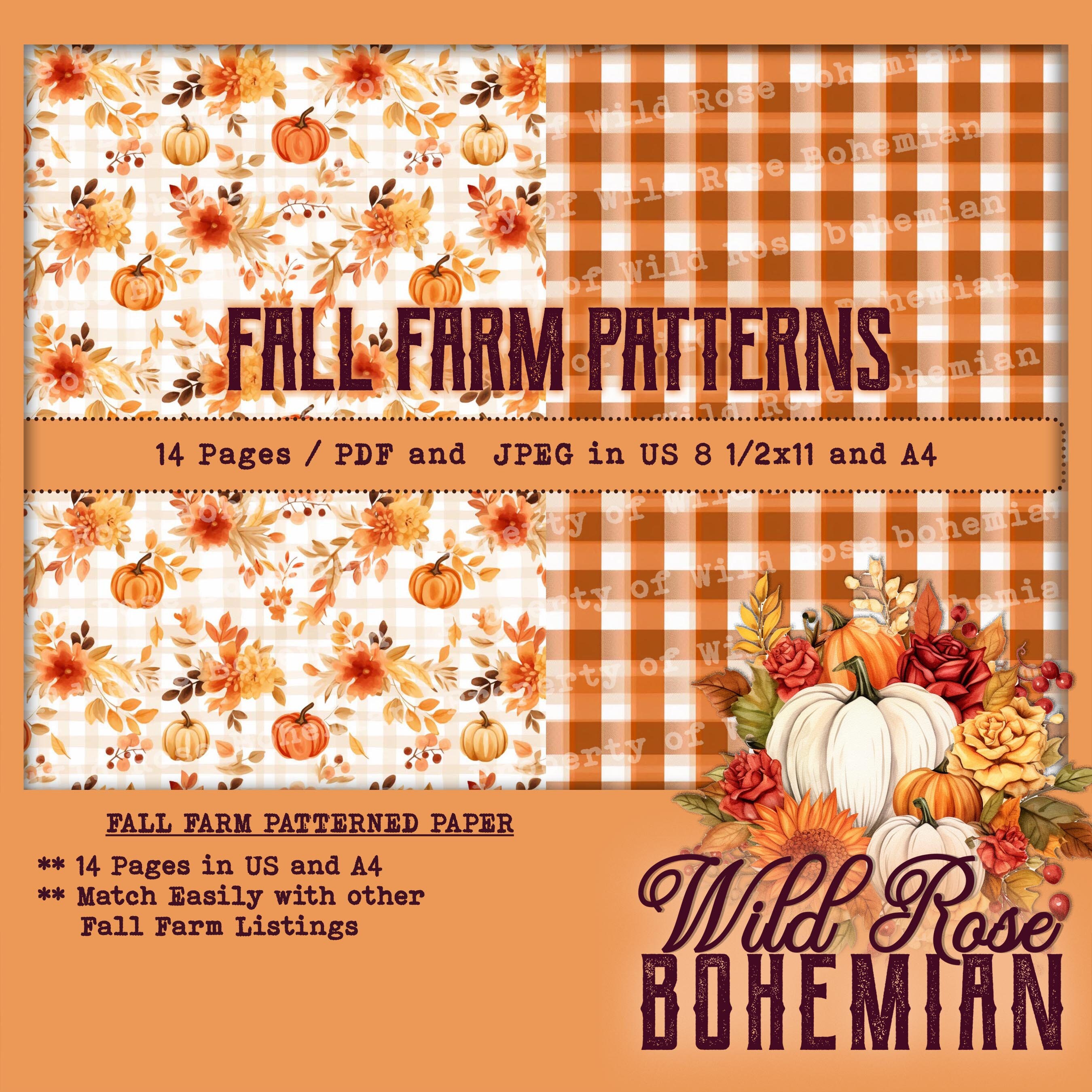 Gingham and Fall Farm Harvest Digital Paper, Fall Farm Harvest Pages ...