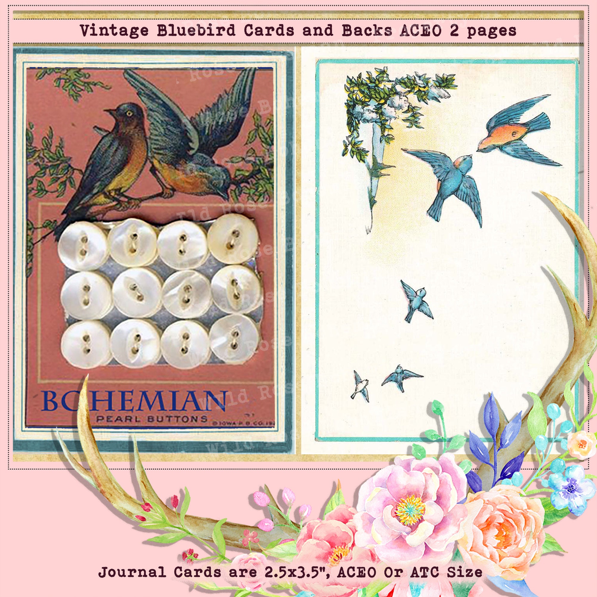 Vintage Ephemera Blue Bird of Happiness Printable Postcards Journal ...