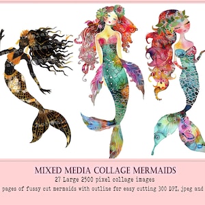 Painterly Artistic Mermaid Paperdolls, Mixed Media Collaged Paper Doll ...