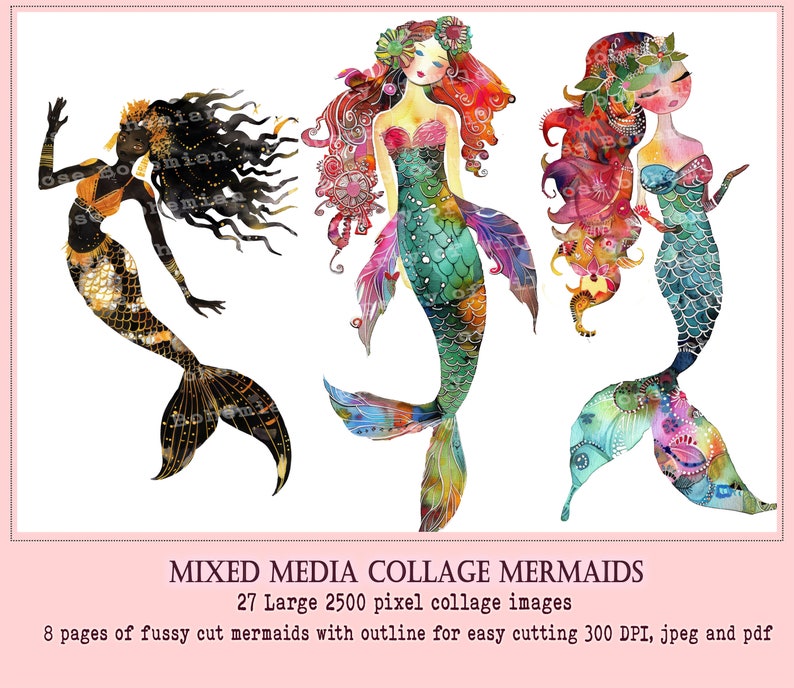 Painterly Artistic Mermaid Paperdolls, Mixed Media Collaged Paper Doll ...