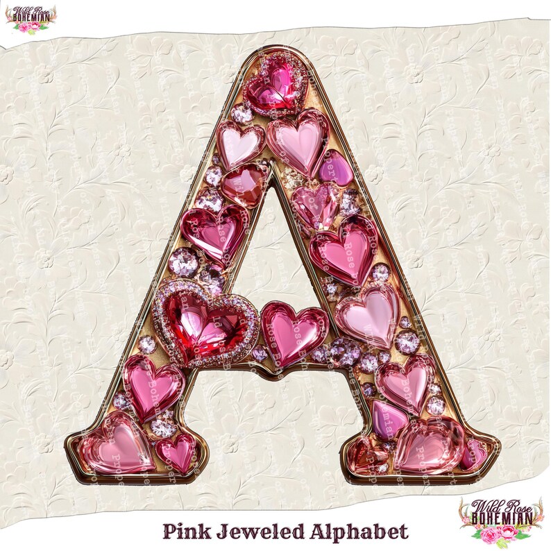 Pink Jeweled Heart Alphabet: Sublimation PNG Font (digital Download ...
