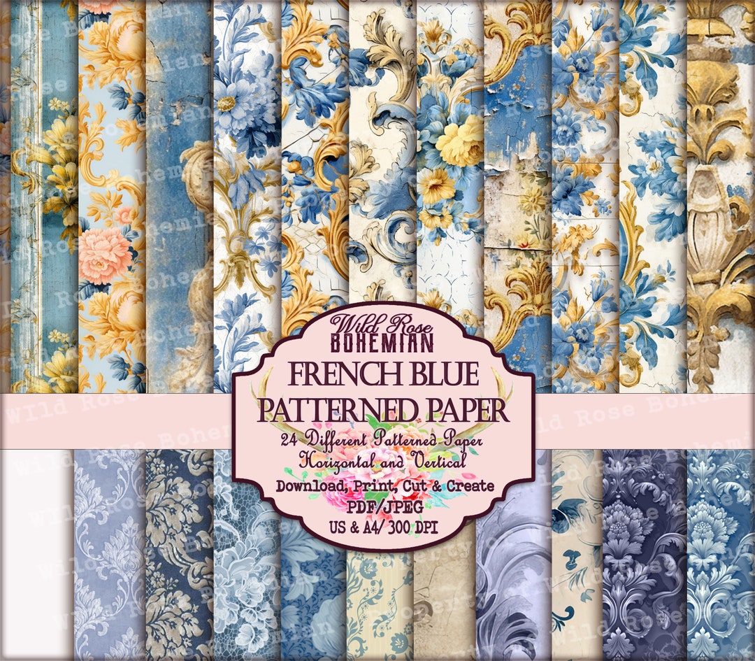 French Blue Digital Paper: Shabby Chic Damask, Floral (PDF) - Etsy