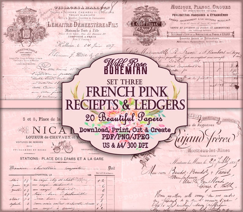 Pink French Receipt Ephemera: Vintage Printable Paper (PDF) - Etsy