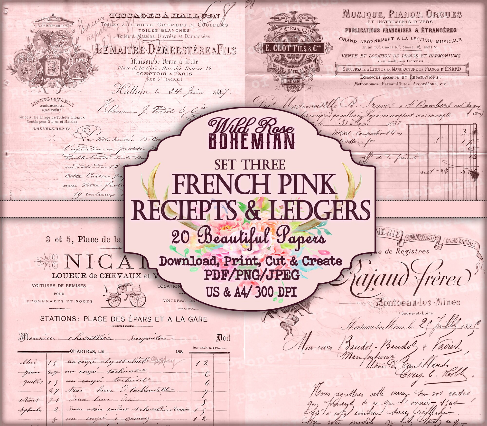 Pink French Receipt Ephemera: Vintage Printable Paper (PDF) - Etsy